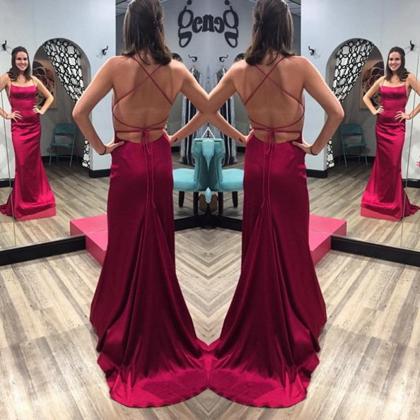 Red Criss-cross Spaghetti Straps Stretch Satin Prom Dresses 2017 on Luulla
